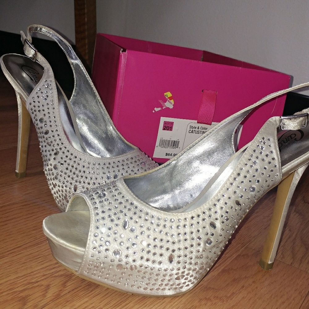 Candies Y2k Silver Metallic Platform Peep Slingback H… - Gem